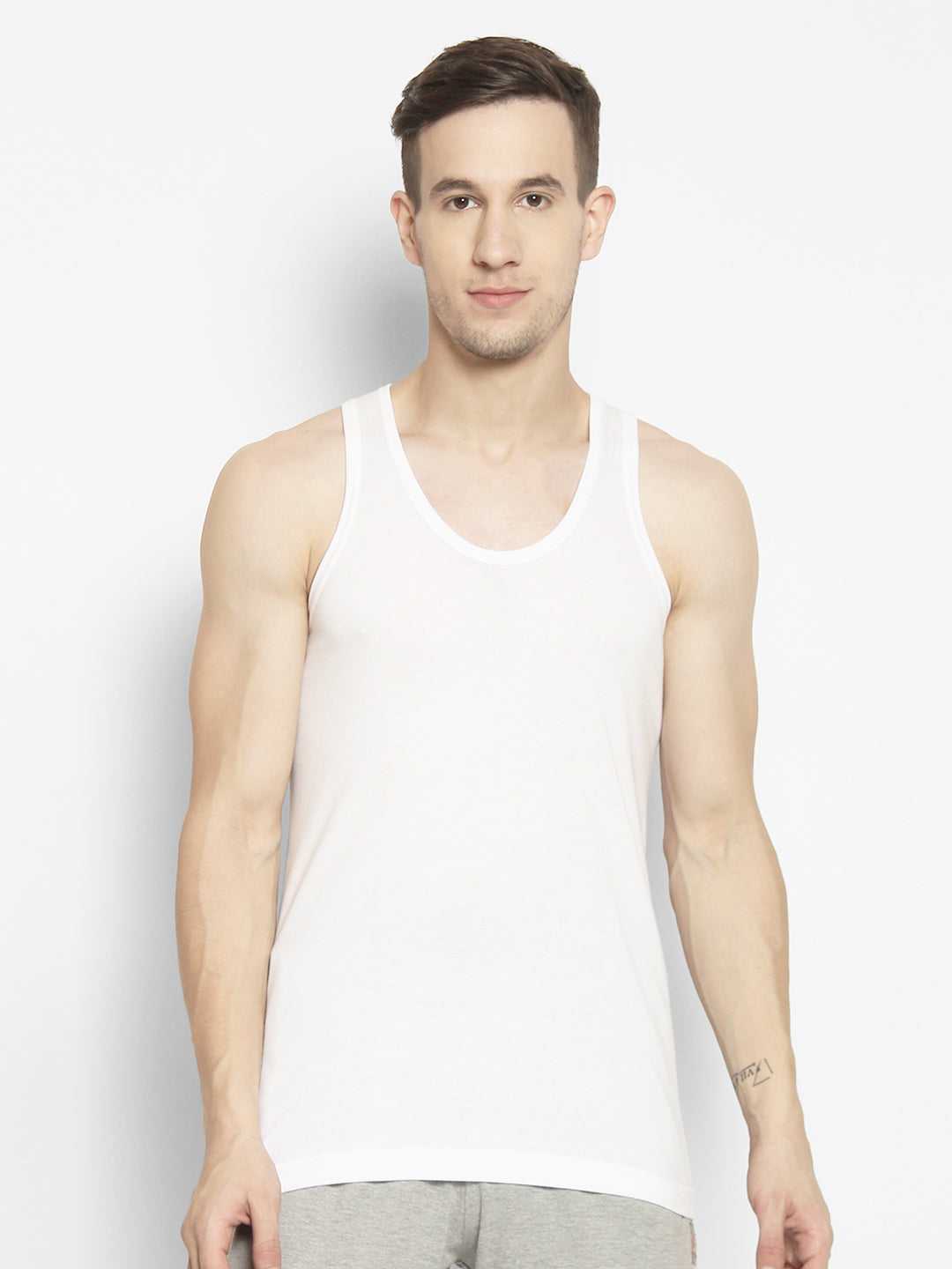 Men's Neva Koolin White Round Neck Sleeveless Sandow Vest - Cotton, Ex ...